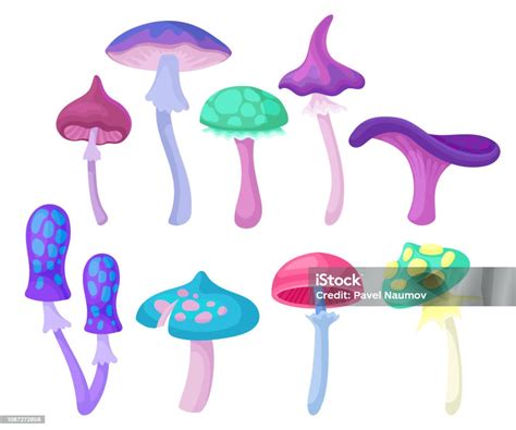 다른 마술 버섯의 평면 벡터 집합입니다 숲 식물 어린이 동화 책 또는 판타지 요소 모바일 게임 0명에 대한 스톡 벡터 아트 및