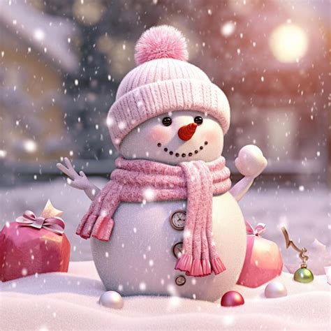 Premium Ai Image There Is A Snowman With A Pink Hat And Scarf On