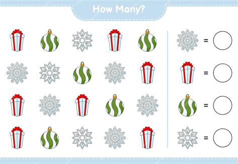 계산 게임 얼마나 많은 눈송이 크리스마스 공 및 선물 상자 교육 어린이 게임 인쇄용 워크시트 벡터 일러스트 레이 션 프리미엄 벡터