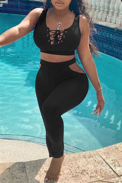Wholesale Black Sexy Solid Bandage Hollowed Out Patchwork U Neck