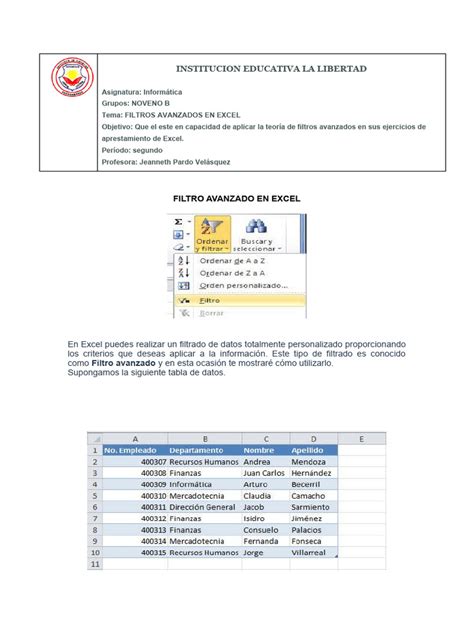 Filtro Avanzado En Excel Noveno B1 Pdf Microsoft Excel Informática
