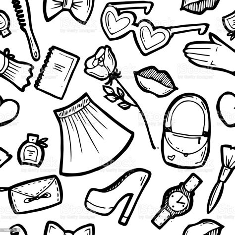 매력적인 부티크의 여성 상품 여자를위한 쇼핑 원활한 패턴 패션 의류 화장품 및 액세서리 손으로 그린 스케치를 윤곽선으로 그립니다 잉크로 그리기 흰색 배경에 고립되어 있습니다