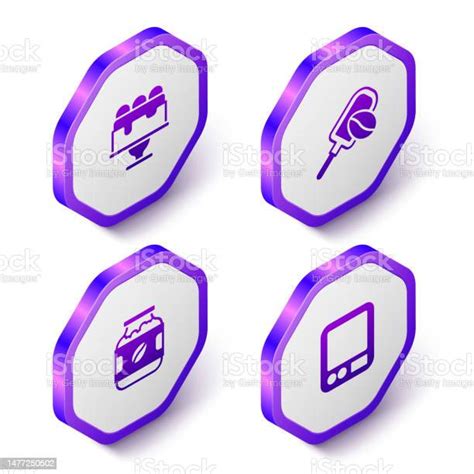 아이소메트릭 케이크 커피 곡물이 있는 주걱 커피 항아리 병 및 전자 저울 아이콘을 설정합니다 보라색 육각형 버튼 벡터 3차원 형태에 대한 스톡 벡터 아트 및 기타 이미지