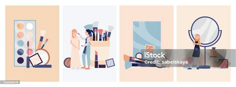 메이크업 아티스트 플랫 벡터 일러스트레이션을 위한 소셜 미디어 배너 또는 카드 세트 메이크업 화장품에 대한 스톡 벡터 아트 및 기타 이미지 메이크업 화장품 십대 소녀