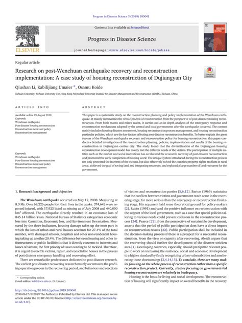 Pdf Research On Post Wenchuan Earthquake Recovery And Reconstruction Implementation A Case