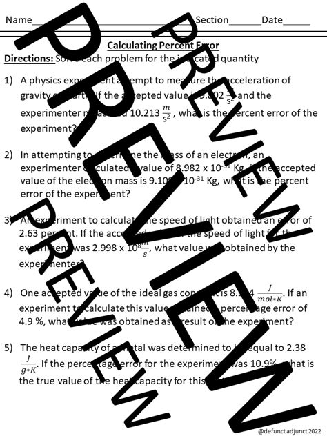 Calculating Percent Error A Chemistry Physics Or Math Worksheet
