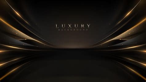 골든 라인 요소와 광선 효과 장식 및 보케가 있는 블랙 럭셔리 배경 프리미엄 벡터
