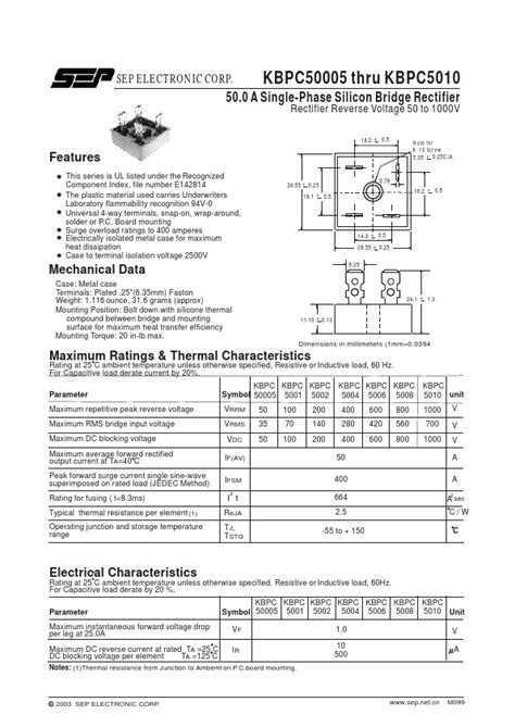 Kbpc5010 Kbpc50005 Datasheet Kbpc50005 Sepelectronic Pdf 50 0a Single Phase Silicon Bridge