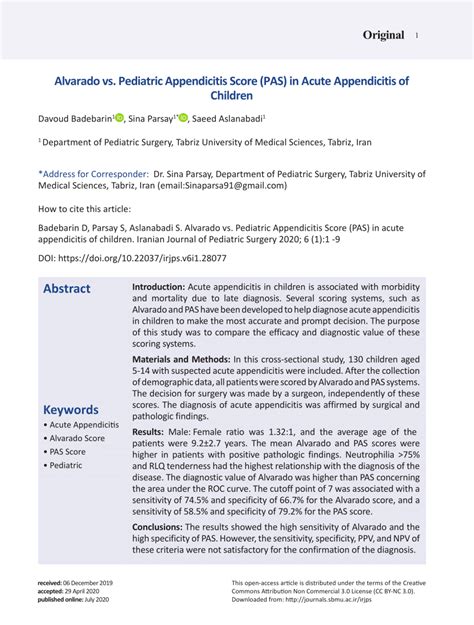 Pdf Alvarado Vs Pediatric Appendicitis Score Pas In Acute