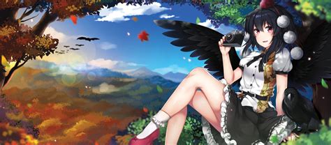 Wallpaper Trees Leaves Birds Long Hair Anime Girls Barefoot Sky