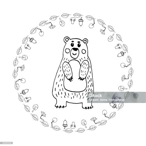 흰색 배경에 잎 버섯 곰 귀여운 낙서 가을 만다라 성인과 어린이를위한 색칠 페이지 와 아트 북을위한 손으로 그린 벡터 그림 0
