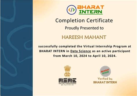 Hareesh Mahant On Linkedin Bharatintern Datascience