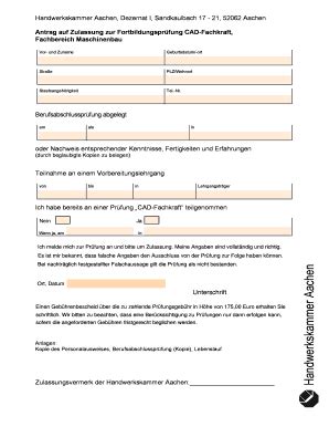 Ausfüllbar Online hwk aachen Antrag auf Zulassung zur Fortbildungsprfung CAD Fachkraft
