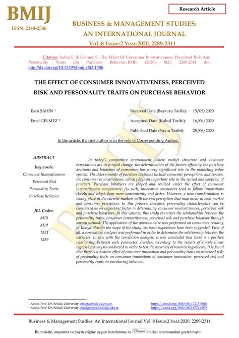 Pdf The Effect Of Consumer Innovativeness Perceived Risk And Personality Traits On Purchase
