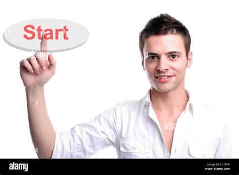 Young Business Man Presses Key Isolated On White Background Stock