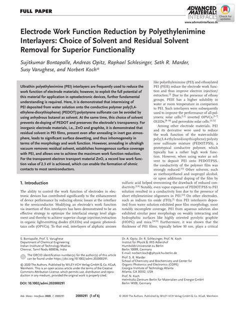 Pdf Electrode Work Function Reduction By Polyethylenimine Interlayers