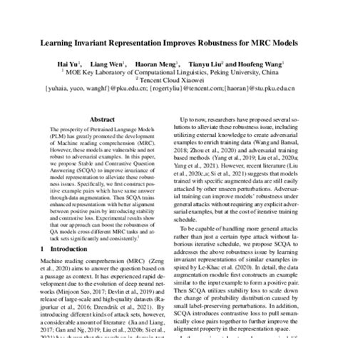 Learning Invariant Representation Improves Robustness For Mrc Models Acl Anthology
