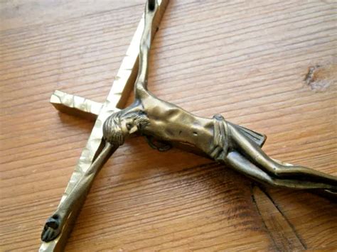 Grand Crucifix Christ Sur La Croix 17 Cm En Bronze Martelé Signé