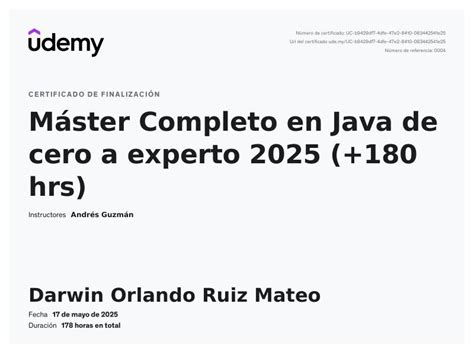 🎓 ¡finalicé El Curso Máster Completo En Java De Cero A Experto 2025 Darwin Orlando Ruiz Mateo