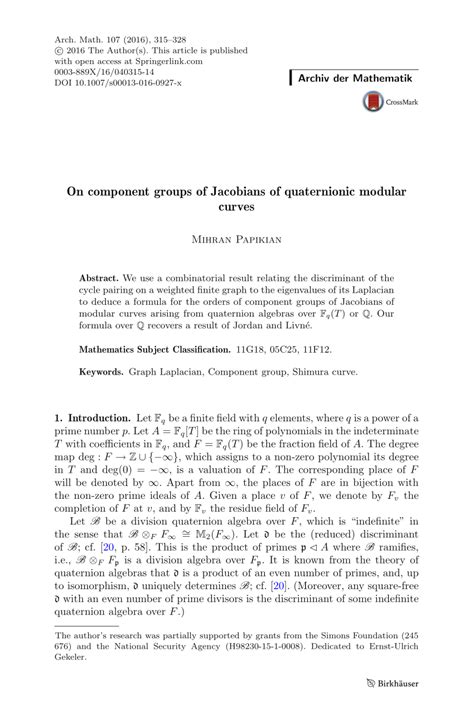 Pdf On Component Groups Of Jacobians Of Quaternionic Modular Curves