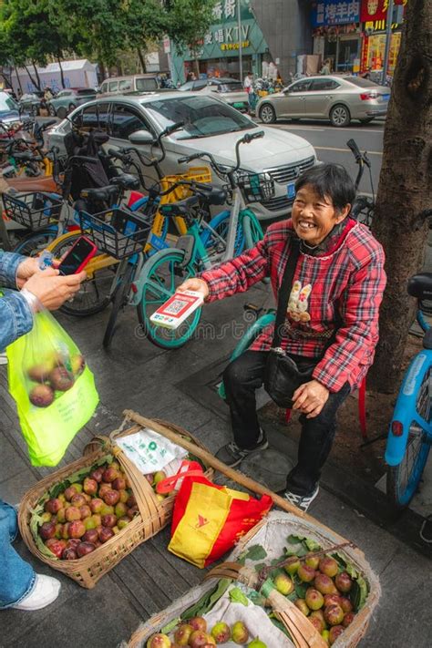 Vegetable Vendor Using Qr Code Payment System China Editorial