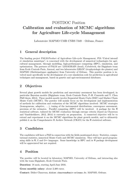 postdoc position calibration and evaluation of mcmc algorithms for