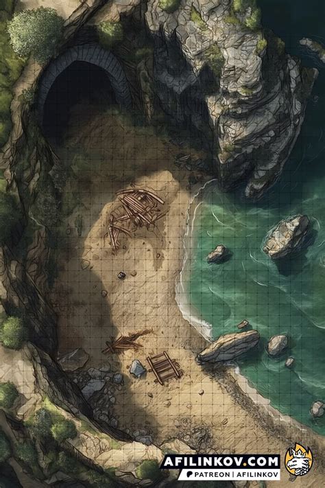 The Secret Entrance To The Cave In The Rocks By The Sea Dnd Battlemap Fantasy City Map