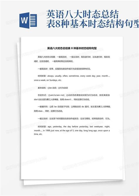 英语八大时态总结表 种基本时态结构句型Word模板下载 编号qebkxgng 熊猫办公