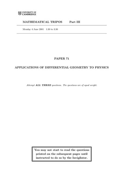 Applications Of Differential Geometry To Physics Math Tripos Exam Docsity
