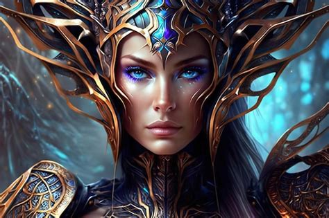 Premium Ai Image A Woman With Blue Eyes And A Gold Helmet