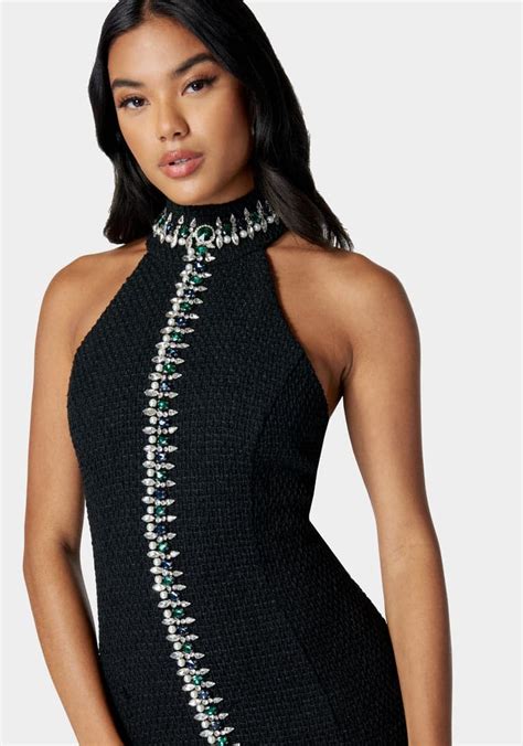 Crystal Knit Halter Neck Dress Bebe