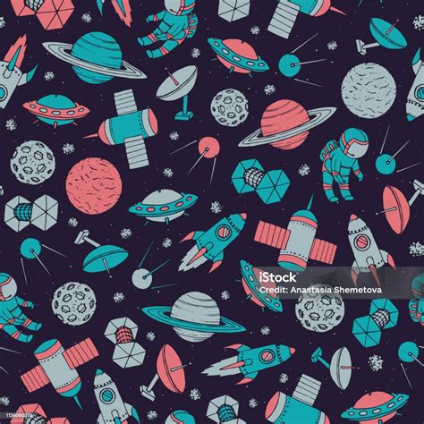 손으로 그려 Cosmonauts 위성 로켓 행성 달 떨어지는 별 Ufo 윤곽선 벡터 완벽 한 패턴 별이 어두운 배경에 화려한 우주 장식입니다 0명에 대한 스톡 벡터 아트 및