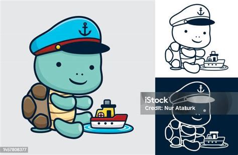 작은 보트와 함께 선원 모자를 쓴 귀여운 거북이 평면 아이콘 스타일의 벡터 만화 그림 거북이에 대한 스톡 벡터 아트 및 기타