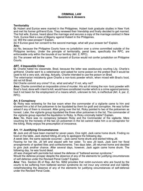 Criminal Law Questions 1st Batch Pdf Murder Crime And Violence