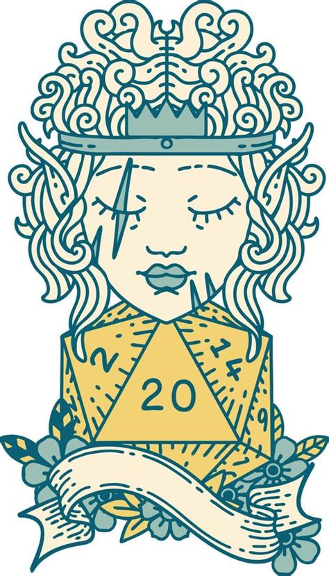 Retro Tattoo Style Elf Barbarian Character With Natural Twenty Dice