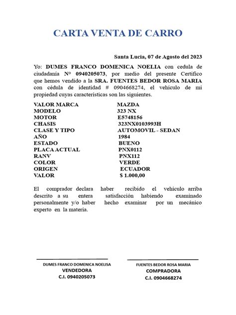Carta Venta De Carro Pdf