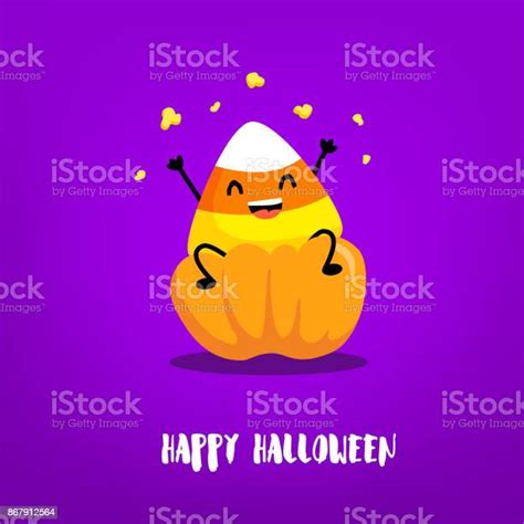보라색 바탕에 호박과 귀여운 사탕 옥수수입니다 플랫 스타일입니다 벡터 할로윈 카드입니다 가을에 대한 스톡 벡터 아트 및 기타 이미지 Istock