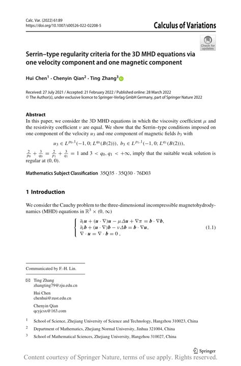 Serrintype Regularity Criteria For The 3d Mhd Equations Via One Velocity Component And One