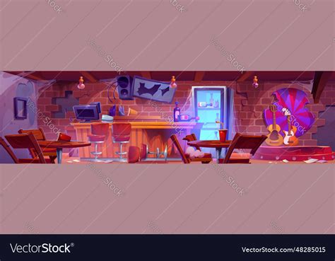Abandoned Bar Counter And Messy Interior Cartoon Vector Image