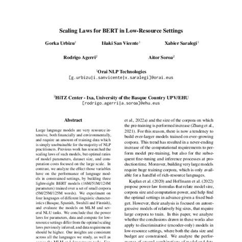 scaling laws for bert in low resource settings acl anthology