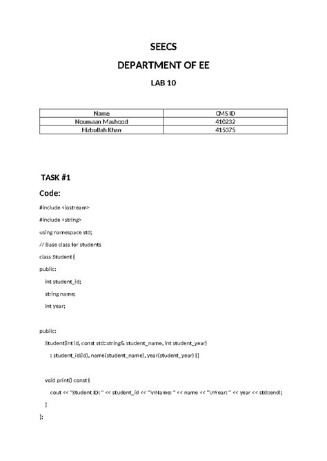 Oop Lab Inheritance Seecs Department Of Ee Lab 10 Name Cms Id Noumaan