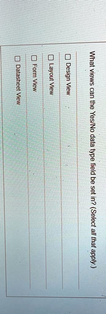What Views Can The Yesno Data Type Field Be Set In Select All That