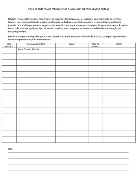 Ficha De Entrega De Ferramentas Pdf