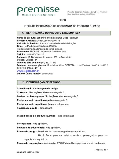 Ficha De Segurança Do Sabonete Premisse Pdf Química Ciências Físicas