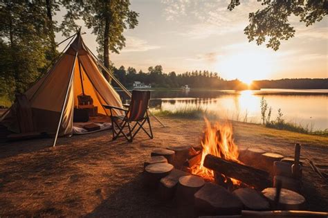 Summer Camp With Bonfire And Tent On River Coast Premium Ai Generated