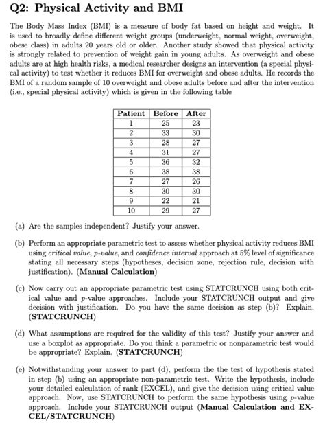 Solved Q2 Physical Activity And BMI The Body Mass Index Chegg Com