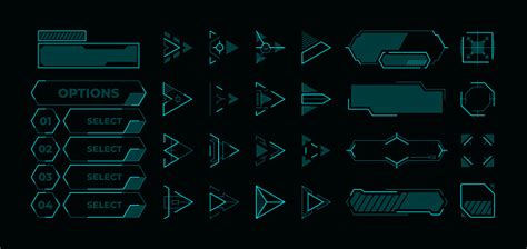 미래 지향적 인 메뉴 요소 Hud 버튼은 시작 화면 게임 또는 응용 프로그램 네온 Ui 자산에 대한 화살표와 커서를 프레임합니다 벡터 절연 세트 도시 전사에 대한 스톡 벡터