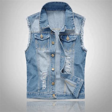 Fashion Men Denim Vest Sleeveless Washed Jeans Waistcoat Ripped Jacket