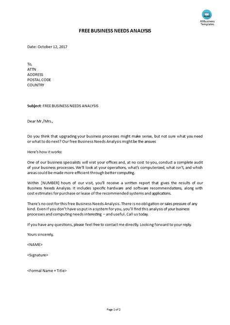 Free Business Needs Analysis Templates At