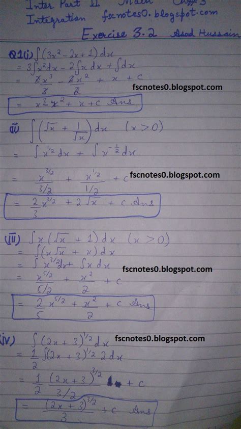 Fsc Ics Notes Math Part Chapter Integration Exercise Complete